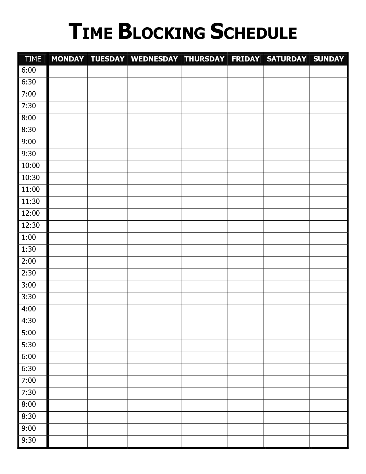 Perfect Black Calendar Template For Blocking Time In A Day Get Your 